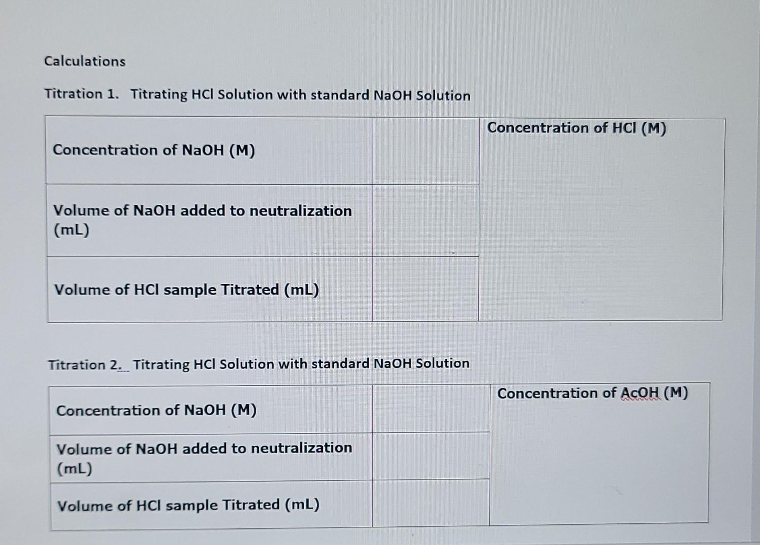 Solved Calculations Titration 1. Titrating HCl Solution with | Chegg.com