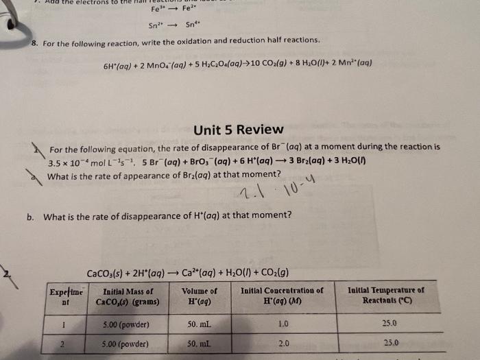 Solved Fe3+→Fe2+Sn2+→Sn4∗ 8. For the following reaction, | Chegg.com