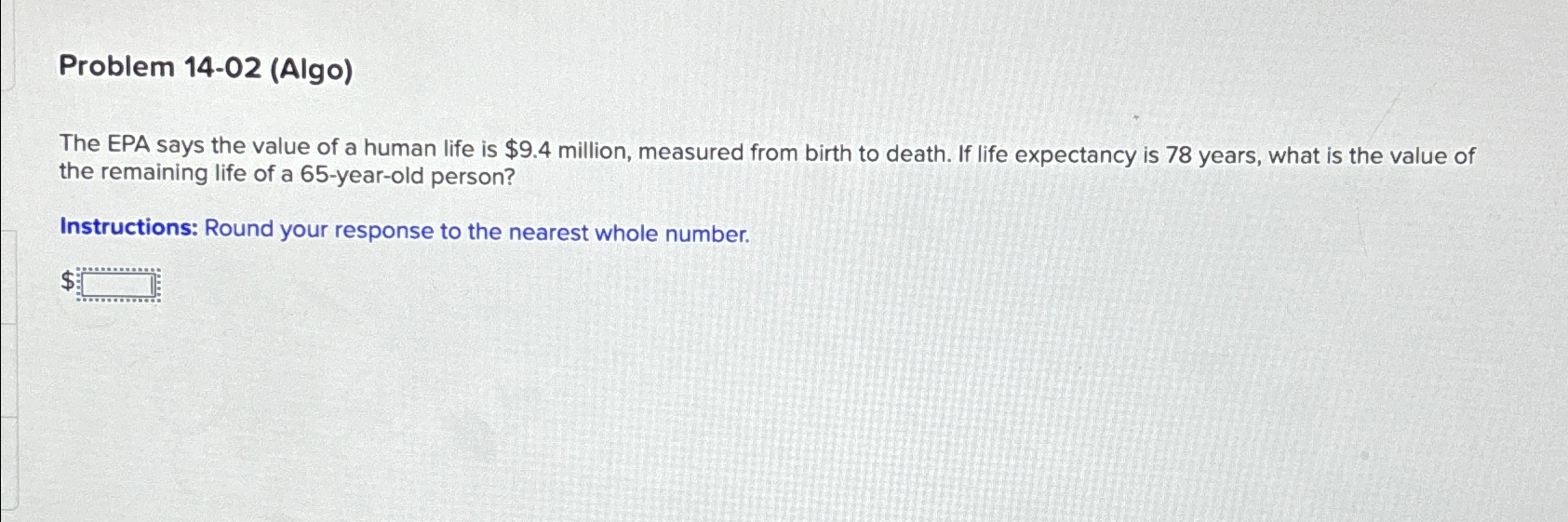 Solved Problem 14-02 (Algo)The EPA says the value of a human | Chegg.com