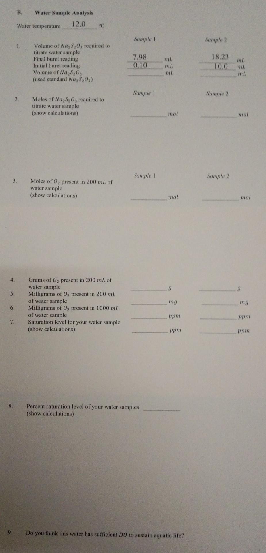 B. Water Sample Analysis Water temperature 12.0 °C | Chegg.com