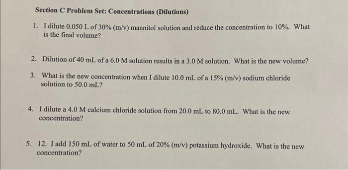 Solved Section C Problem Set: Concentrations (Dilutions) 1. | Chegg.com
