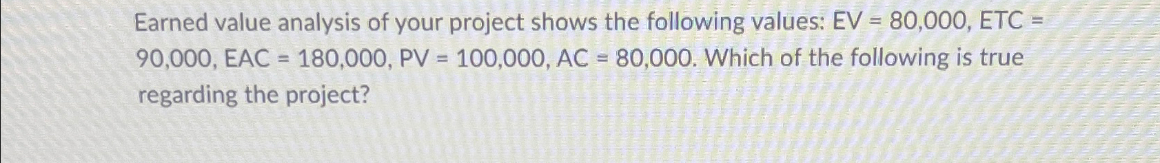Solved Earned value analysis of your project shows the | Chegg.com