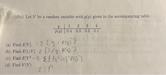 Solved .0) Let Y be a random variable with p(y) given in the | Chegg.com