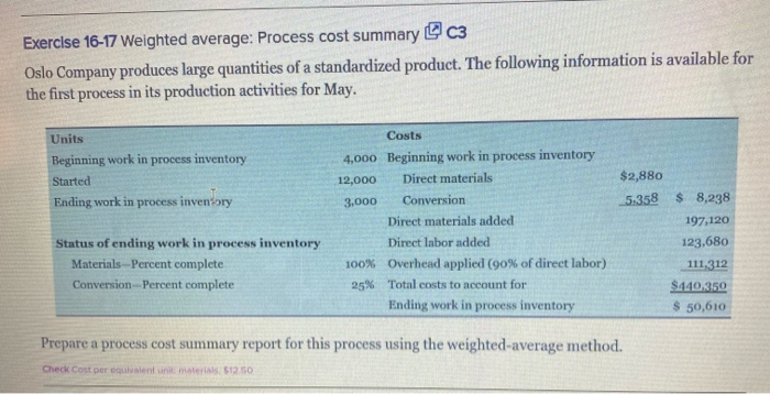 Solved Exercise 16-17 Weighted average: Process cost summary | Chegg.com