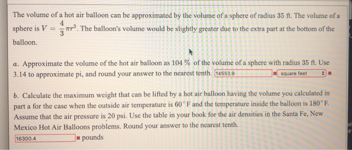 Solved The volume of a hot air balloon can be approximated | Chegg.com