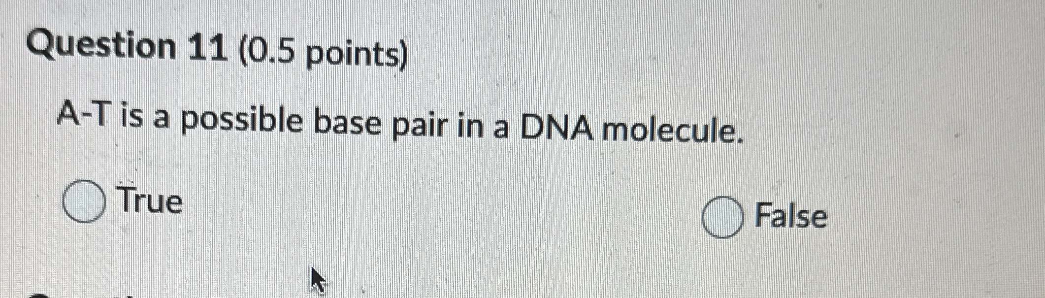 Solved Question 11 (0.5 points)A-T is a possible base pair | Chegg.com Solved Question 11 (0.5 points)A-T is a possible base pair | Chegg.com