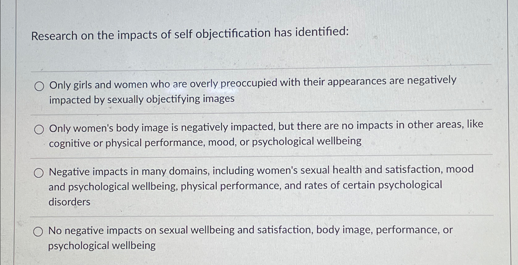 Solved Research on the impacts of self objectification has | Chegg.com