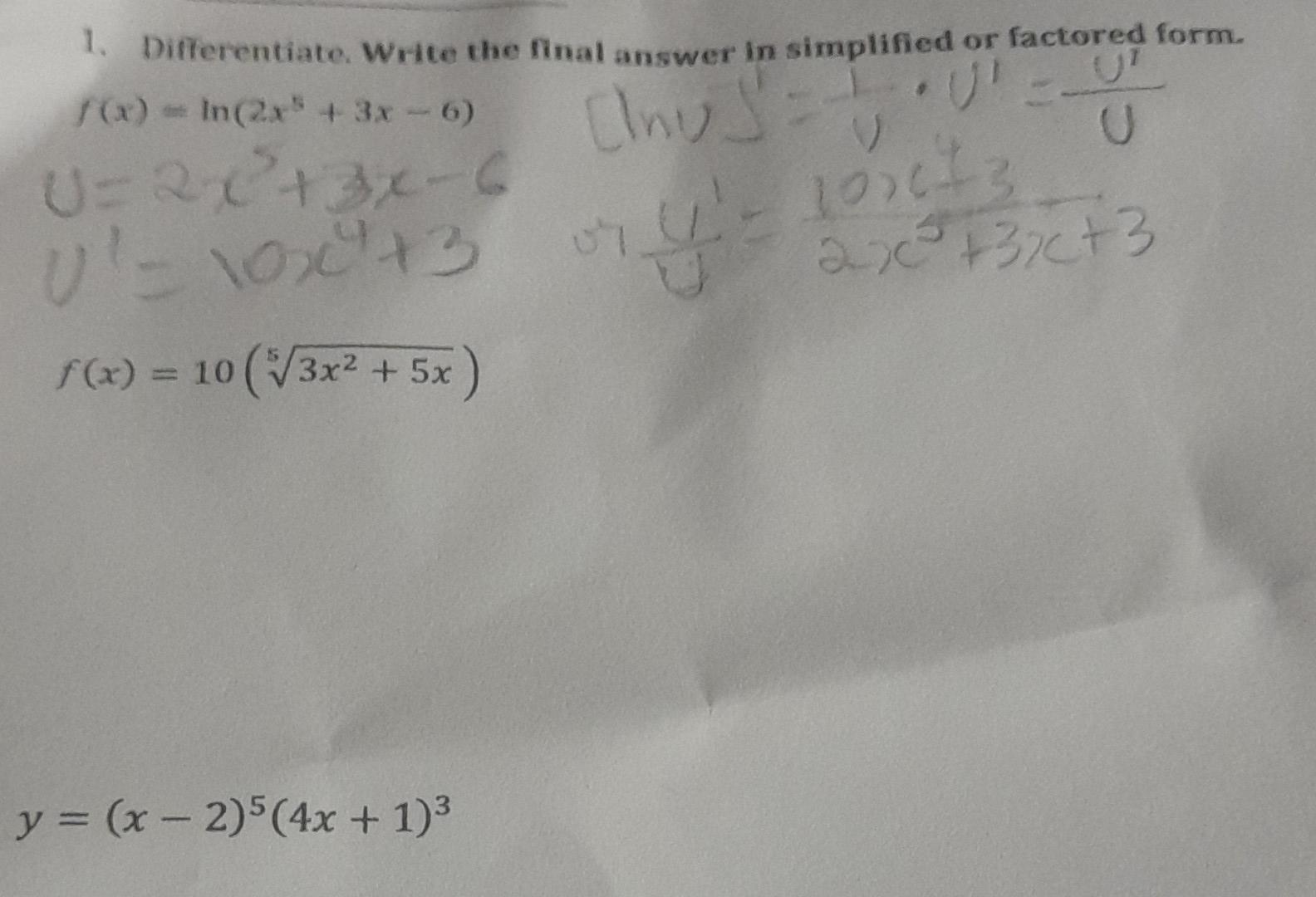 Solved 1. Differentiate. Write the final answer in | Chegg.com