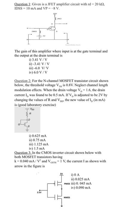 Solved Question1: Given is a JFET amplifier circuit with rd= | Chegg.com
