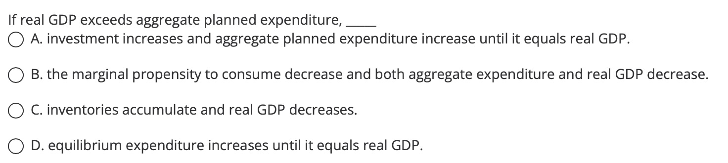 Solved If real GDP exceeds aggregate planned expenditure,A. | Chegg.com
