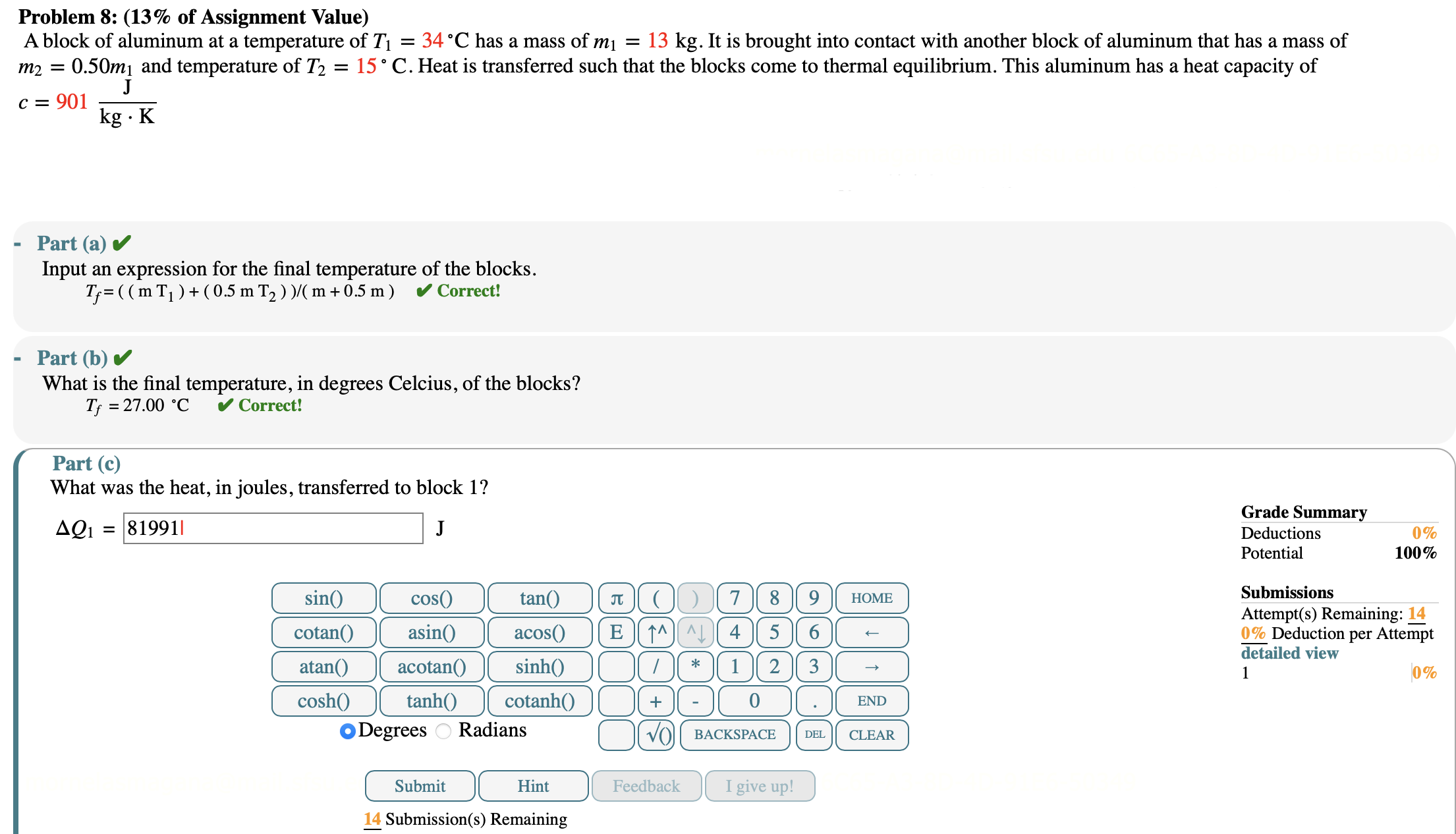 Solved Problem 8: ( 13% ﻿of Assignment Value)A block of | Chegg.com