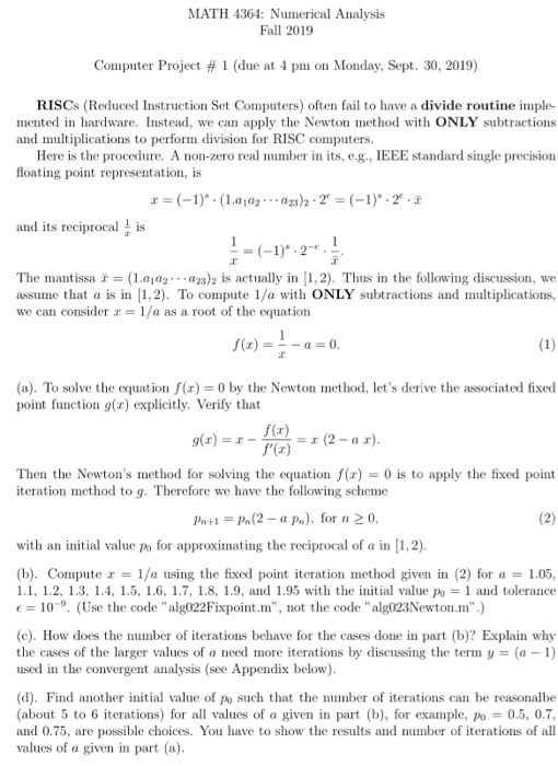 MATH 4364: Numerical Analysis Fall 2019 Computer | Chegg.com