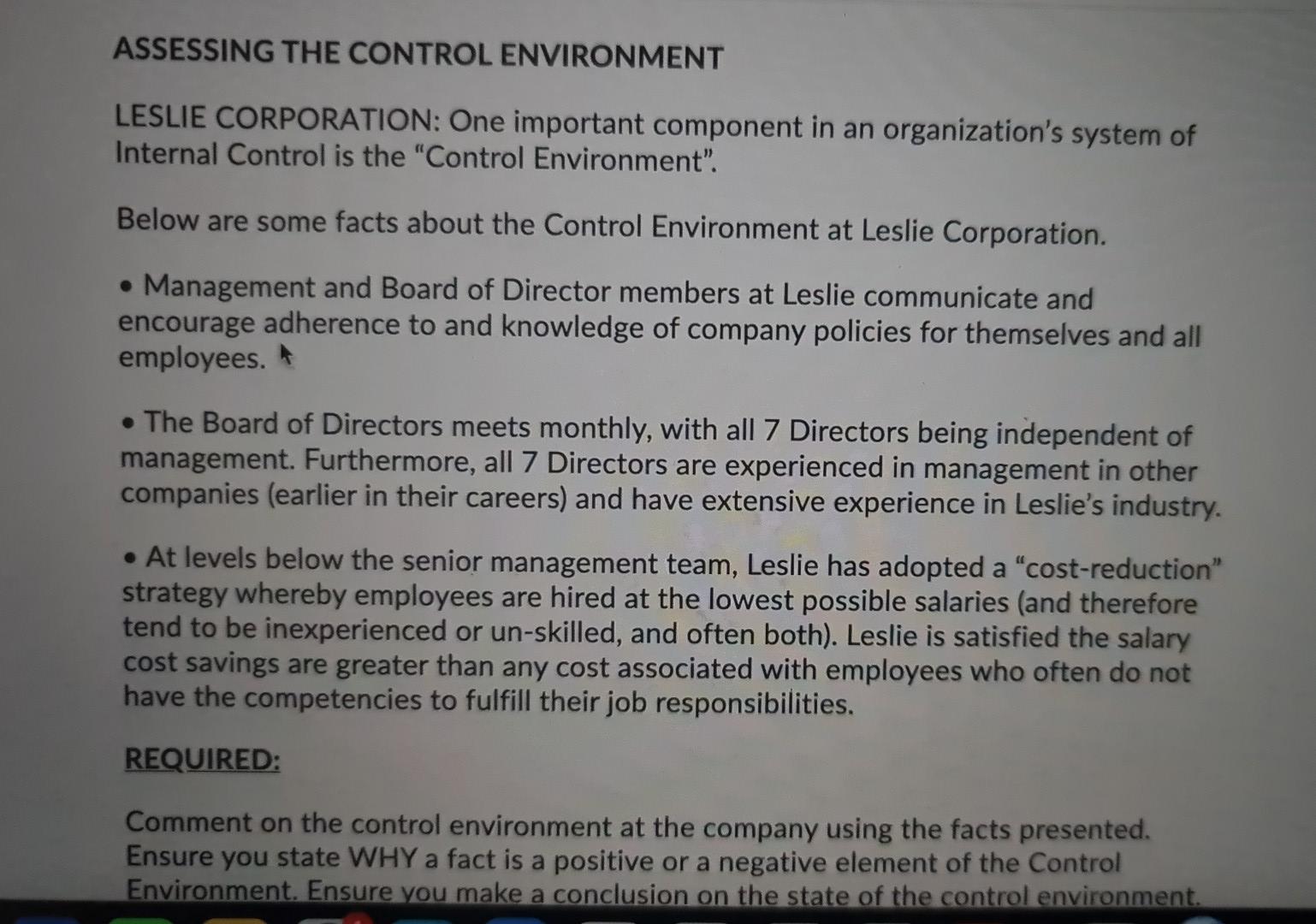 Solved ASSESSING THE CONTROL ENVIRONMENT LESLIE CORPORATION: | Chegg.com
