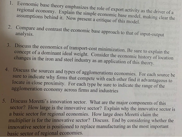Solved 1. Economic base theory emphasizes the role of export | Chegg.com