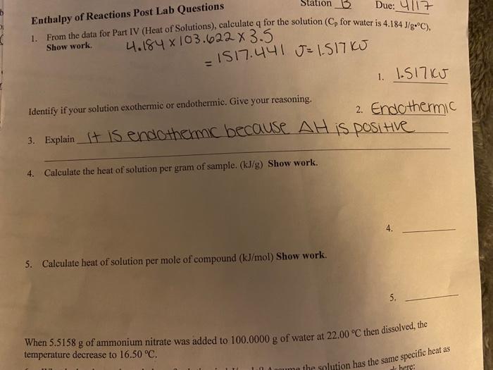 Solved 4. Calculate the heat of solution per gram of | Chegg.com