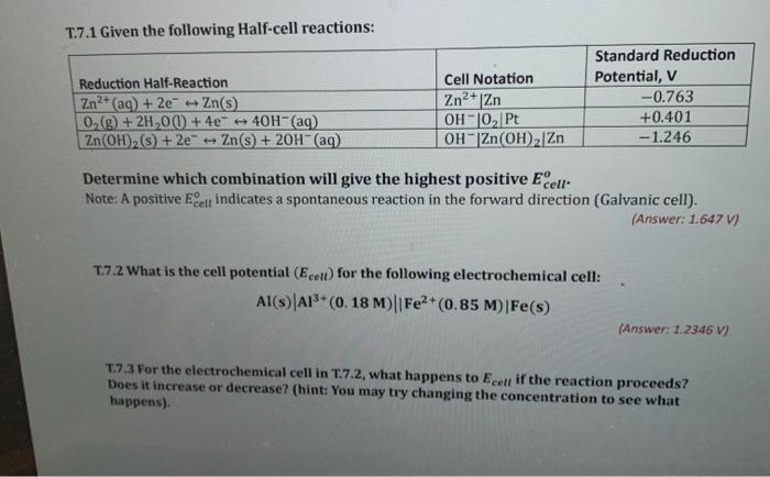 Solved T.7.1 Given the following Half-cell reactions: | Chegg.com