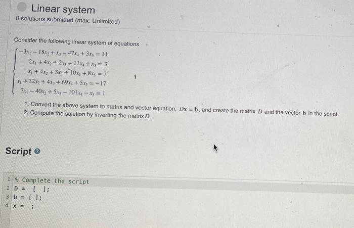 Solved Linear system O solutions submitted (max: Unlimited) | Chegg.com