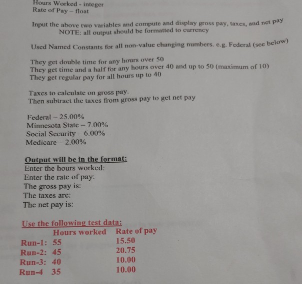 Solved Hours Worked - integer Rate of Pay - float Input the | Chegg.com