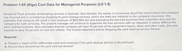 Solved Problem 1-44 (Algo) Cost Data for Managerial Purposes | Chegg.com