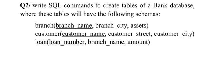 Solved Q2/ write SQL commands to create tables of a Bank | Chegg.com