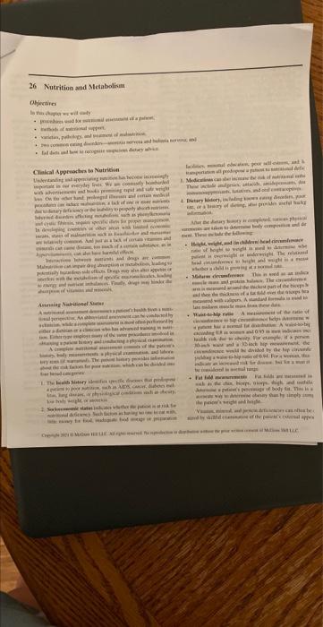 Solved 26 Nutrition and Metabolisal Objectires A Caical | Chegg.com