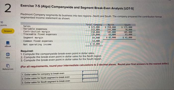Solved Exercise 7-5 (Algo) Companywide and Segment | Chegg.com