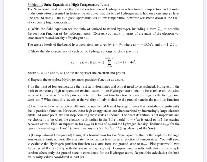Problem 1: Saha Equation in High Temperature Limit | Chegg.com