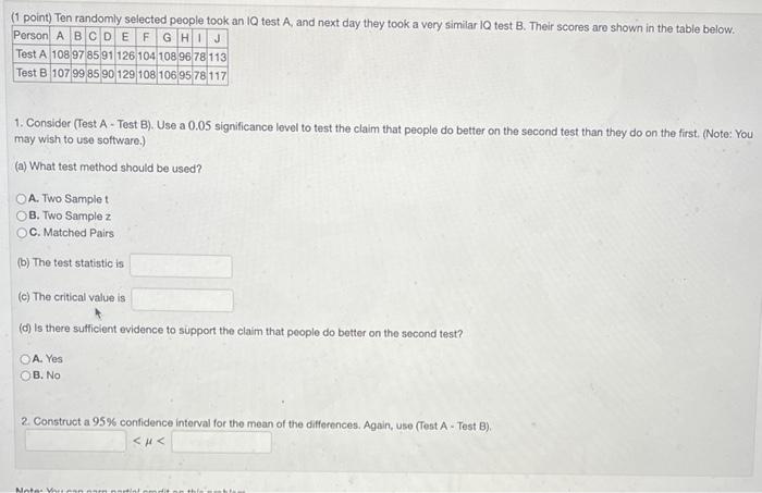 Solved (1 point) Ten randomly selected people took an IQ | Chegg.com