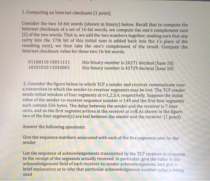Solved 1 Computing An Internet Checksum 1 Point Consider Chegg