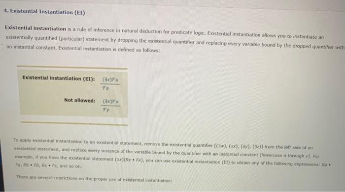 Solved 4. Existential Instantiation (EL) Existential | Chegg.com