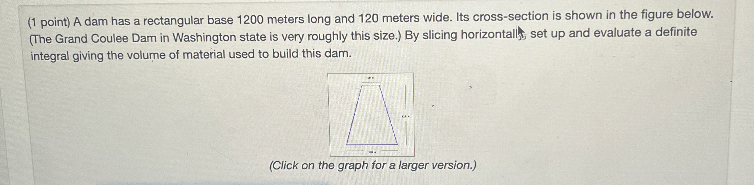 Solved (1 ﻿point) ﻿A dam has a rectangular base 1200 ﻿meters | Chegg.com