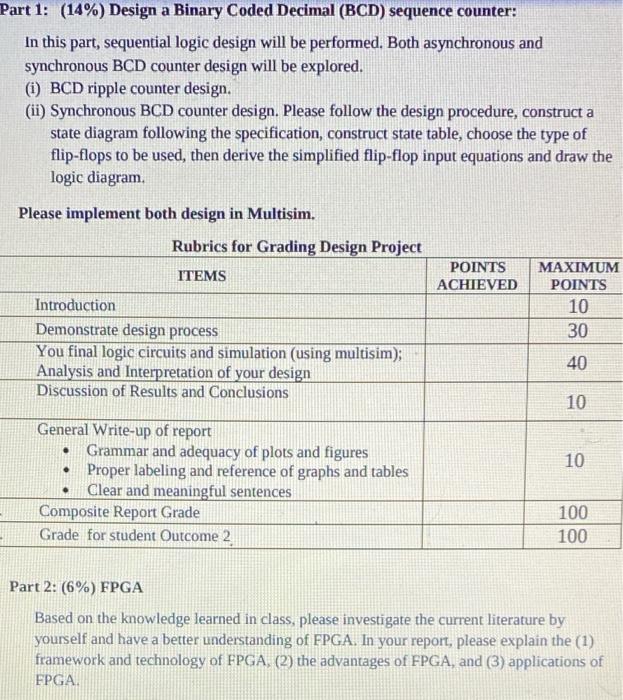 Part 1: (14%) Design a Binary Coded Decimal (BCD) | Chegg.com