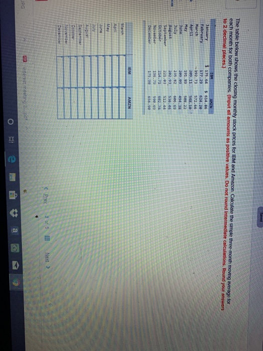 Solved The table below shows the closing monthly stock | Chegg.com