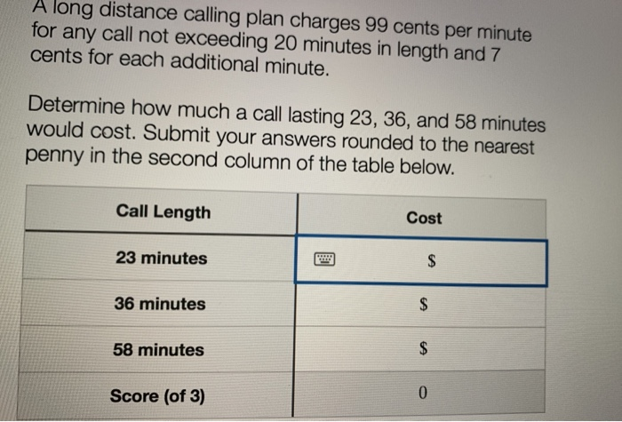 Solved A long distance calling plan charges 99 cents per | Chegg.com