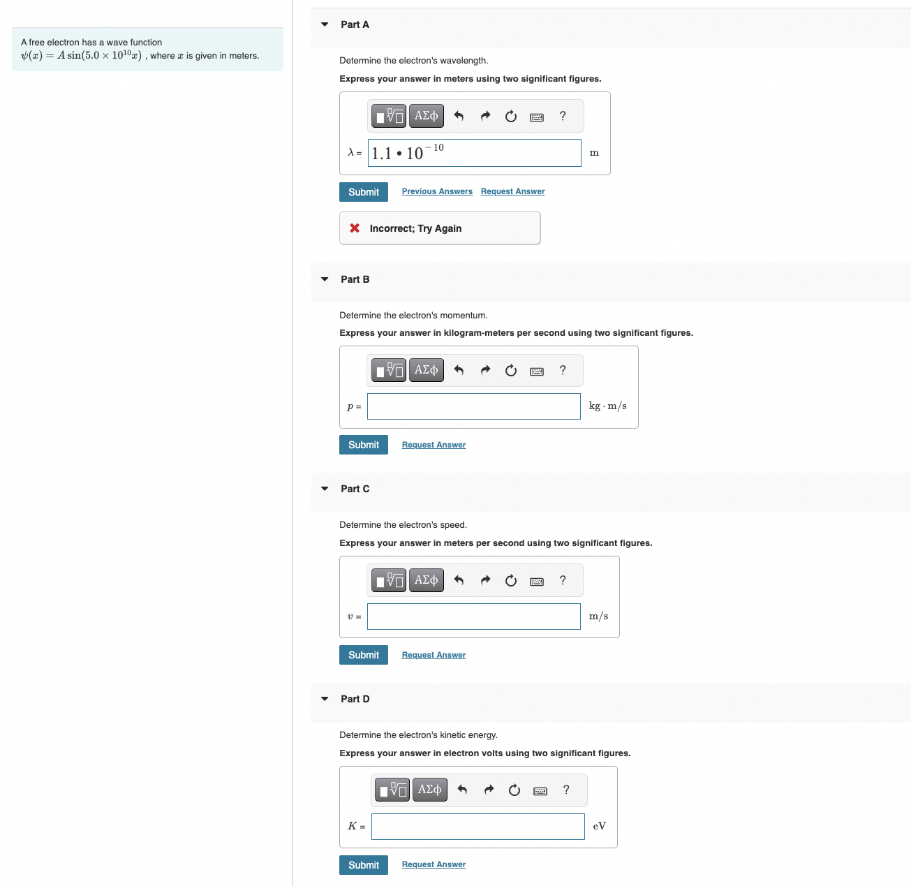 Solved A free electron has a wave | Chegg.com