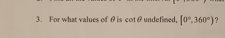 Solved For what values of θ ﻿is cotθ ﻿undefined, [0°,360°) ? | Chegg.com