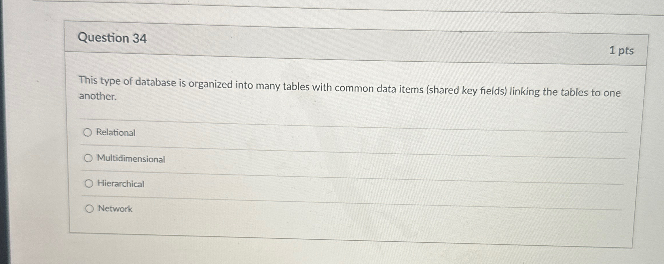 Solved Question 341 ﻿ptsThis type of database is organized | Chegg.com