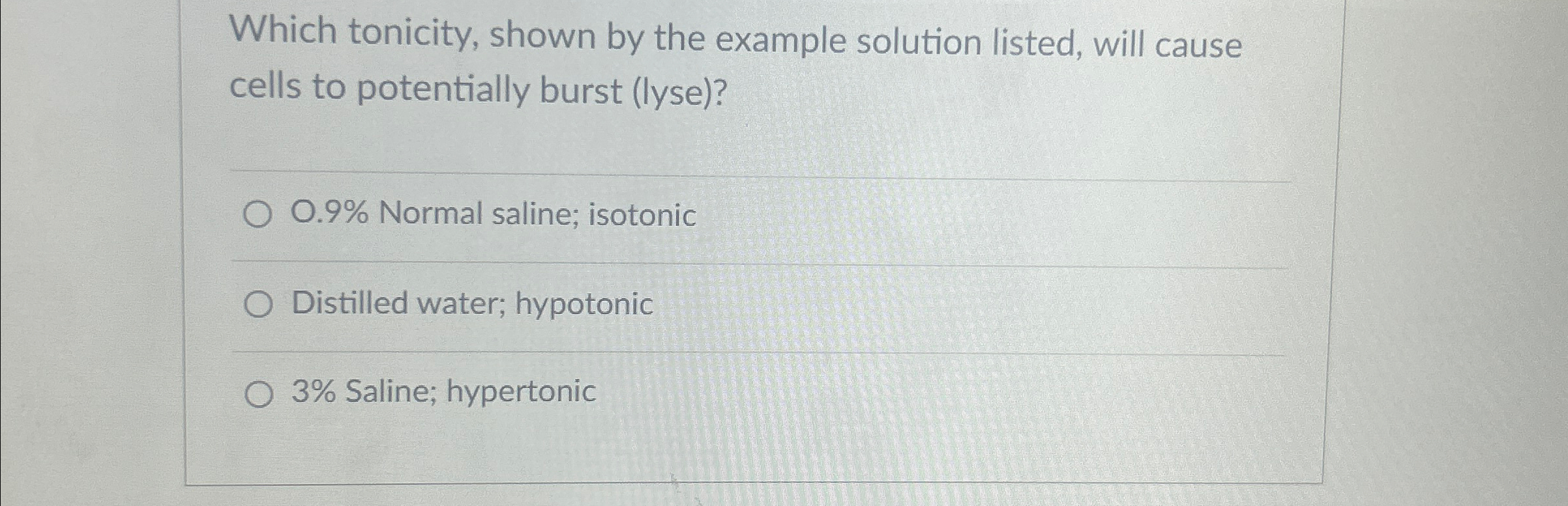 Solved Which tonicity, shown by the example solution listed, | Chegg.com