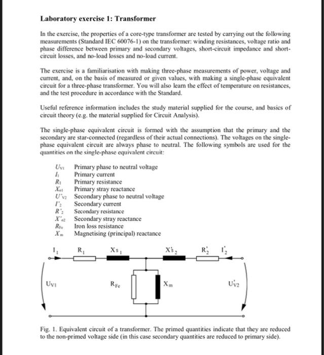 Laboratory exercise 1: Transformer In the exercise, | Chegg.com