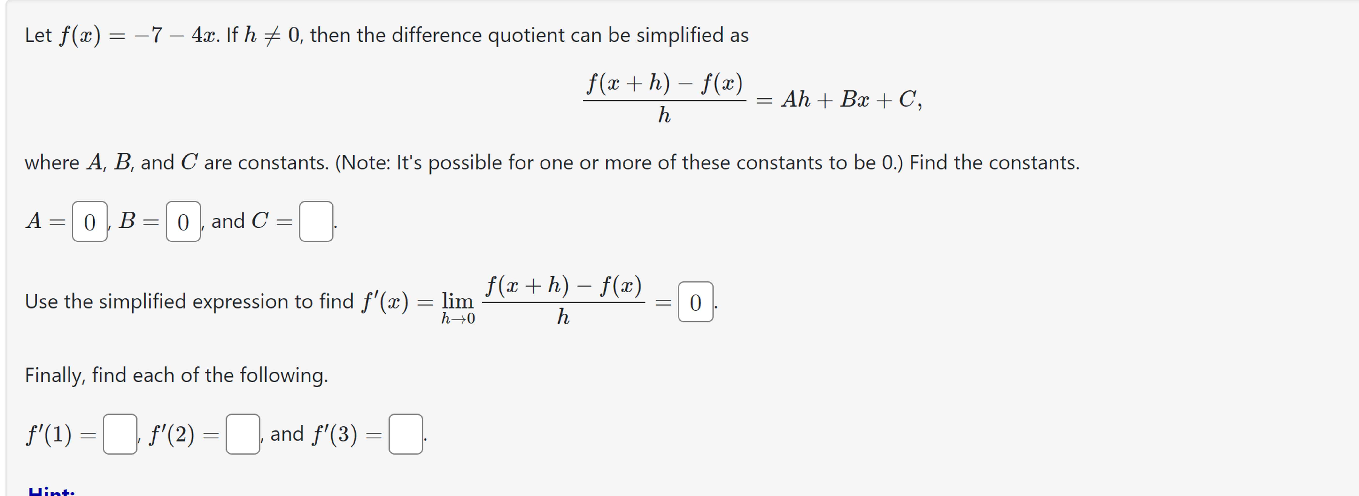 Solved Let f(x)=-7-4x. ﻿If h≠0, ﻿then the difference | Chegg.com