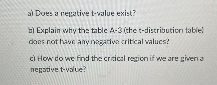 Solved a) Does a negative t-value exist? b) Explain why the | Chegg.com