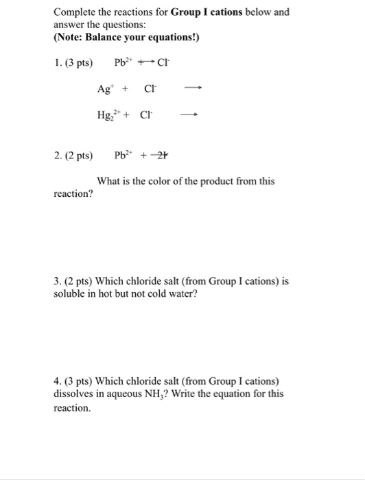 Solved Complete the reactions for Group I cations below and | Chegg.com