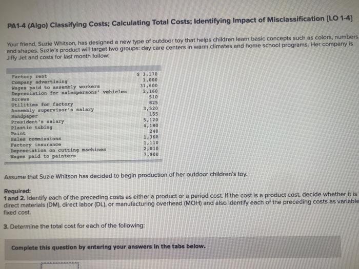 Solved PA1-4 (Algo) Classifying Costs; Calculating Total | Chegg.com