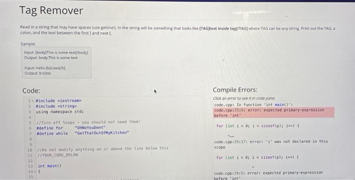 Solved Tag Remover Read in a string that may have spaces | Chegg.com