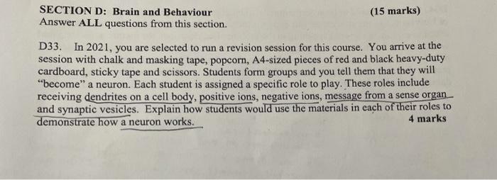 Solved SECTION D: Brain and Behaviour Answer ALL questions | Chegg.com