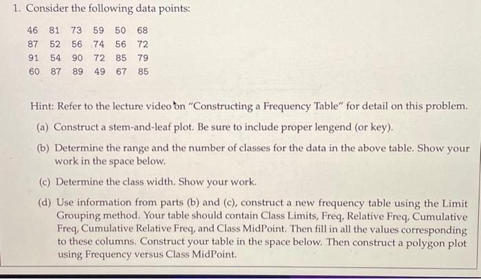 Solved 1. Consider the following data points: Hint: Refer to | Chegg.com