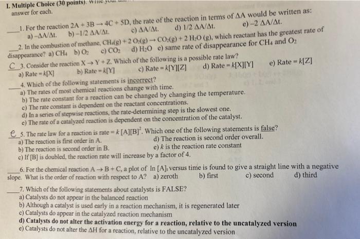 Solved 1. For the reaction 2 A+3 B→4C+5D, the rate of the | Chegg.com