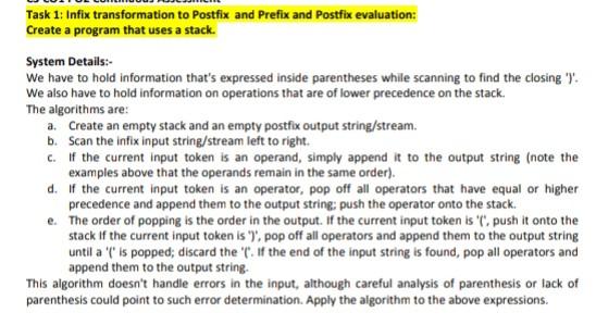 Solved Task 1: Infix transformation to Postfix and Prefix | Chegg.com