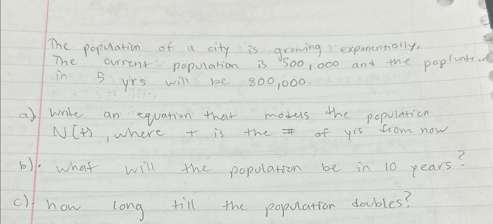Solved The population of a city is growing exponentially, | Chegg.com