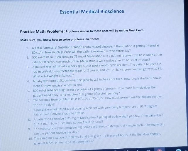 Solved Essential Medical Bioscience Practice Math Problems: | Chegg.com